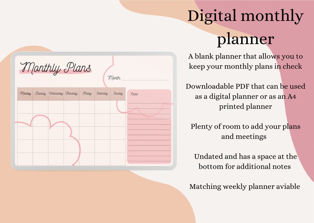 A4 Digital Monthly Planner Printable Monthly Planner Undated and With ...