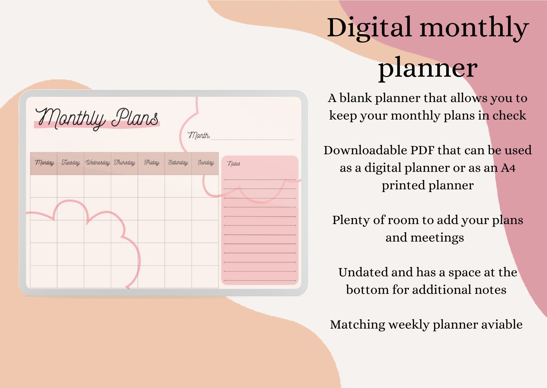 A4 Digital Monthly Planner Printable Monthly Planner Undated and With ...