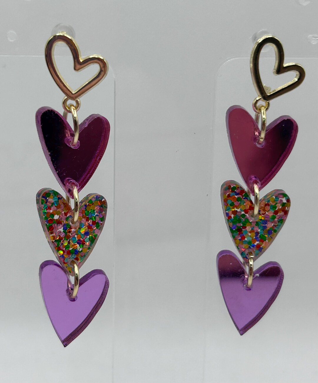 Pink Confetti Mirror Triple Heart/gold Heart Stud Earrings - Etsy