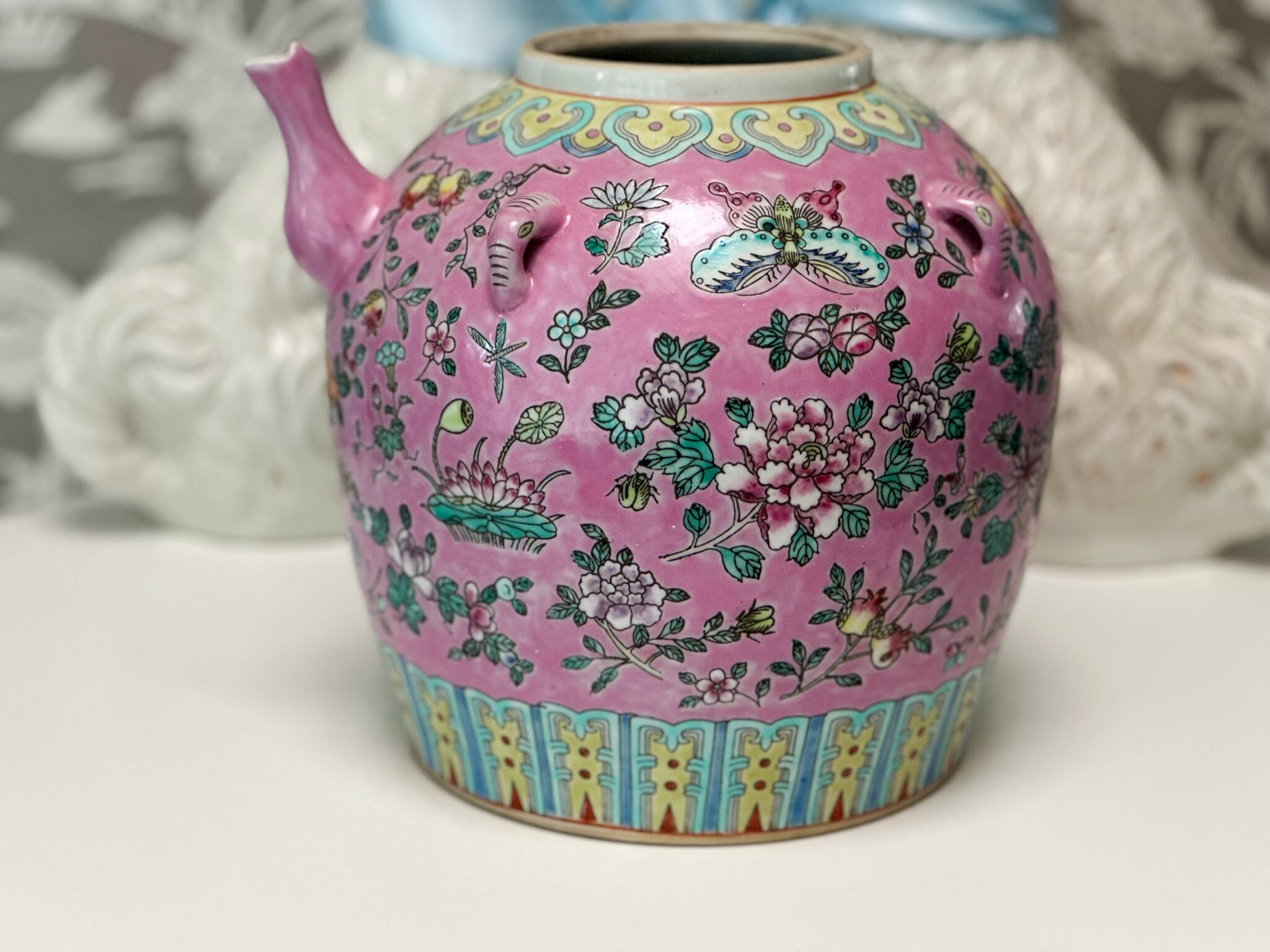 Rare Antique Large Chinoiserie Pink Water Jug Chinoiserie Pink Pitcher ...