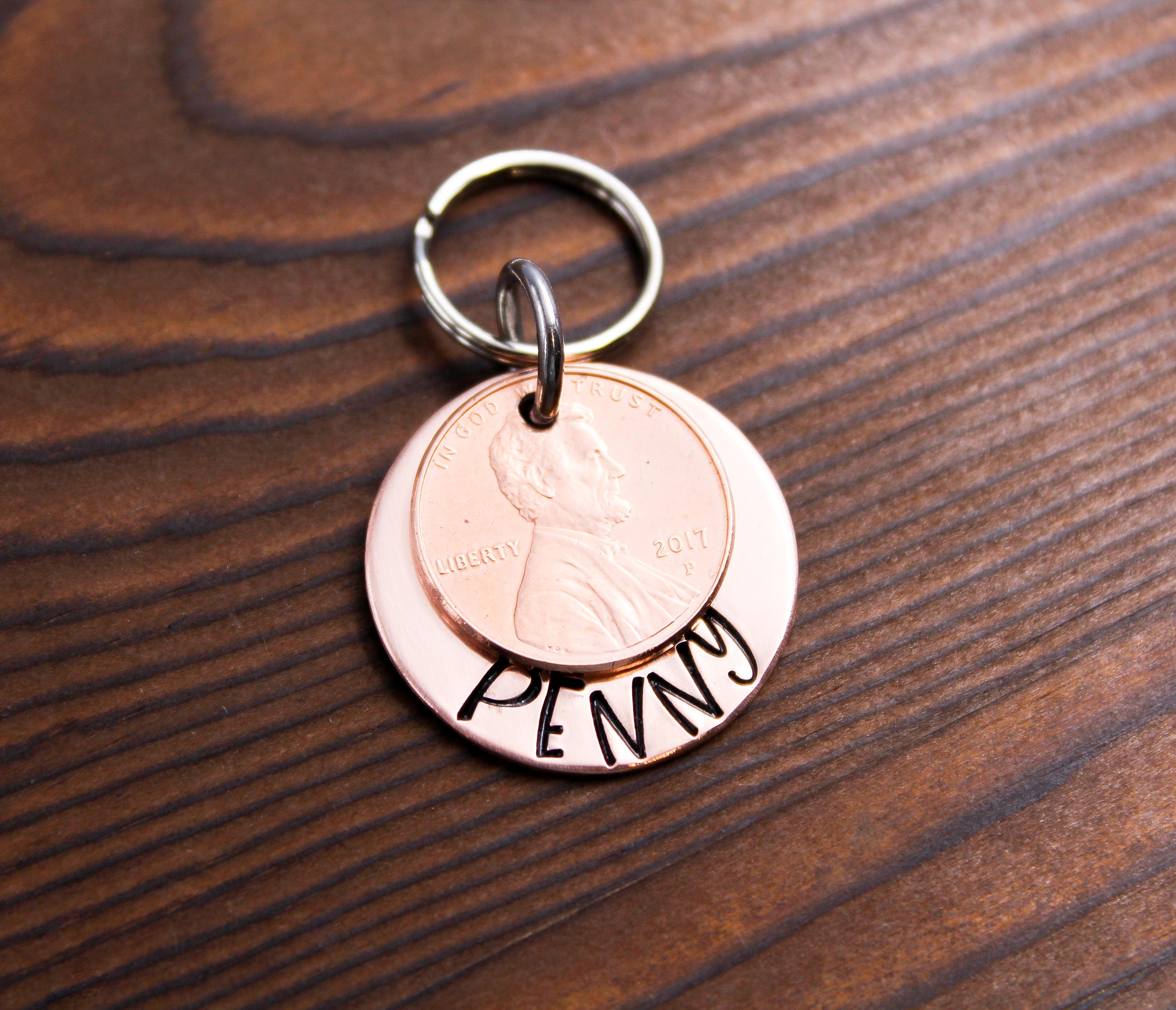 Penny Pet ID Tag, Copper Penny Dog Name Tag, Dog Collar ID Charm, Cat ...