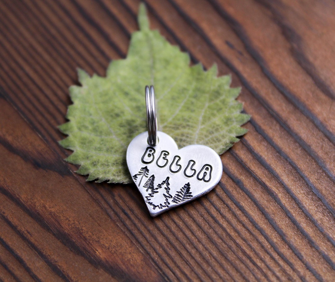 Tiny Heart Pet ID Tag, Pine Trees Name Tag for Small Pets, Nature ...