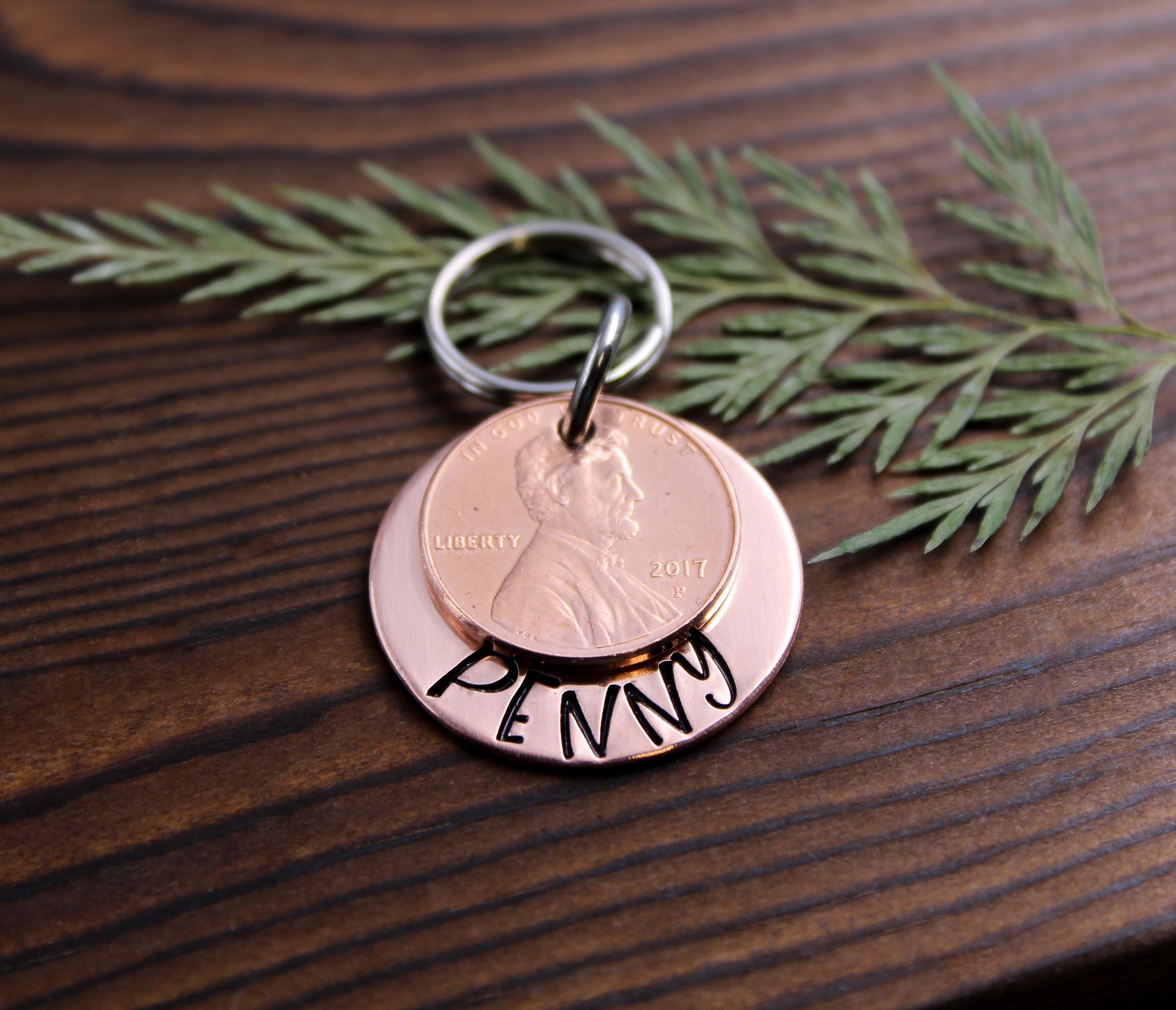 Penny Pet ID Tag, Copper Penny Dog Name Tag, Dog Collar ID Charm, Cat ...