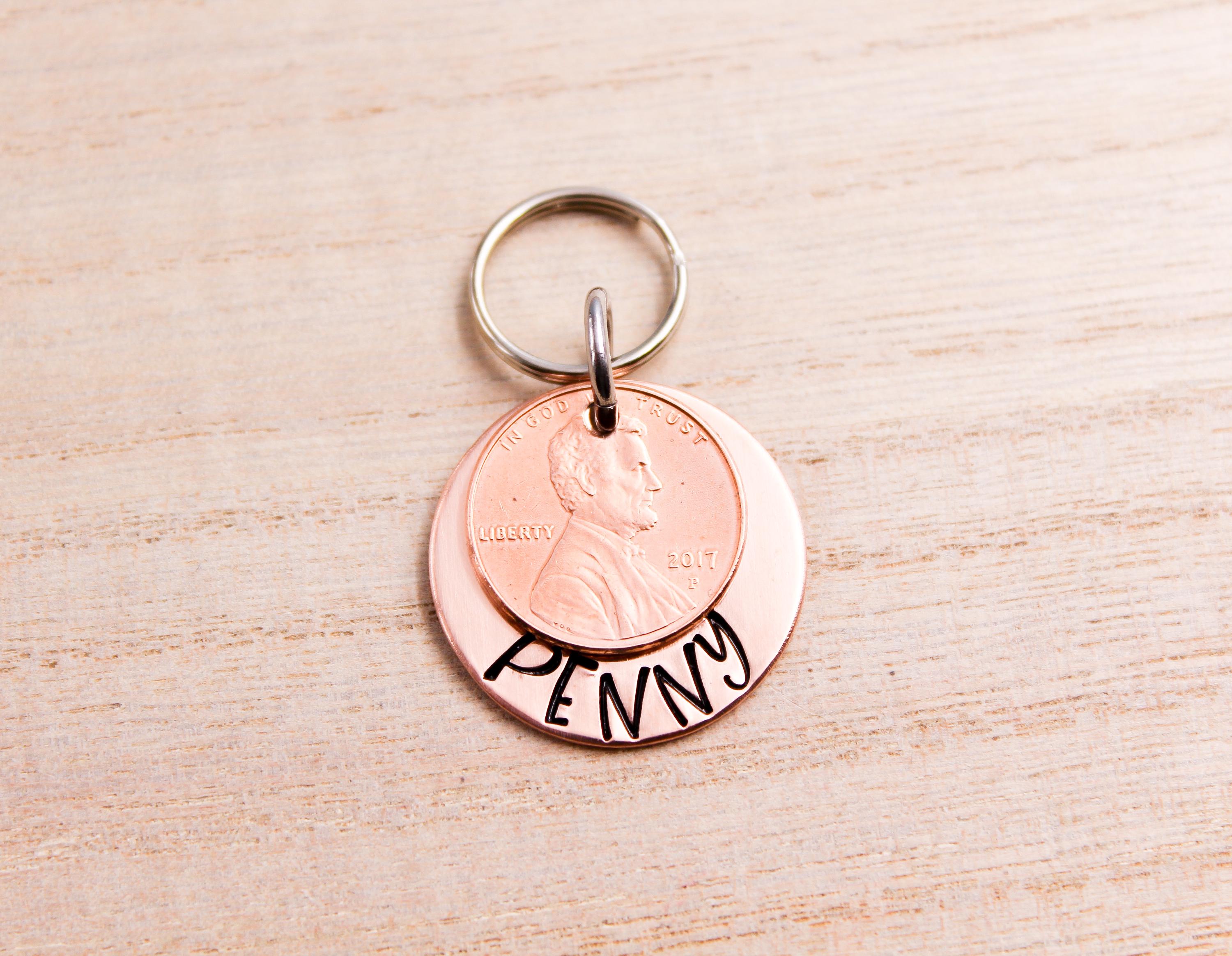 Penny Pet ID Tag, Copper Penny Dog Name Tag, Dog Collar ID Charm, Cat ...
