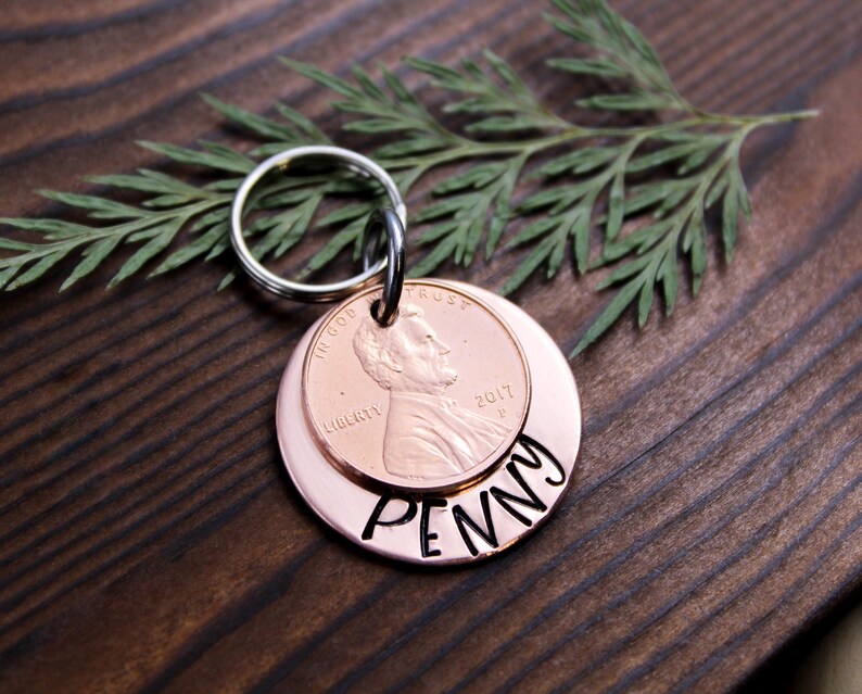 Penny Pet ID Tag, Copper Penny Dog Name Tag, Dog Collar ID Charm, Cat ...