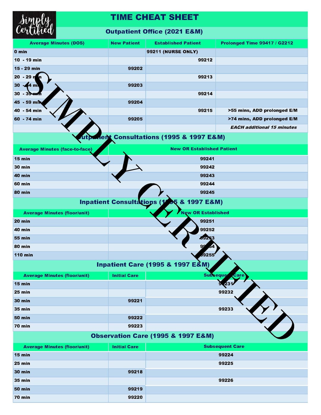 95, 97 and 21 E&M Time-based Coding Cheat Sheet in PEACOCK GREEN/AQUA ...