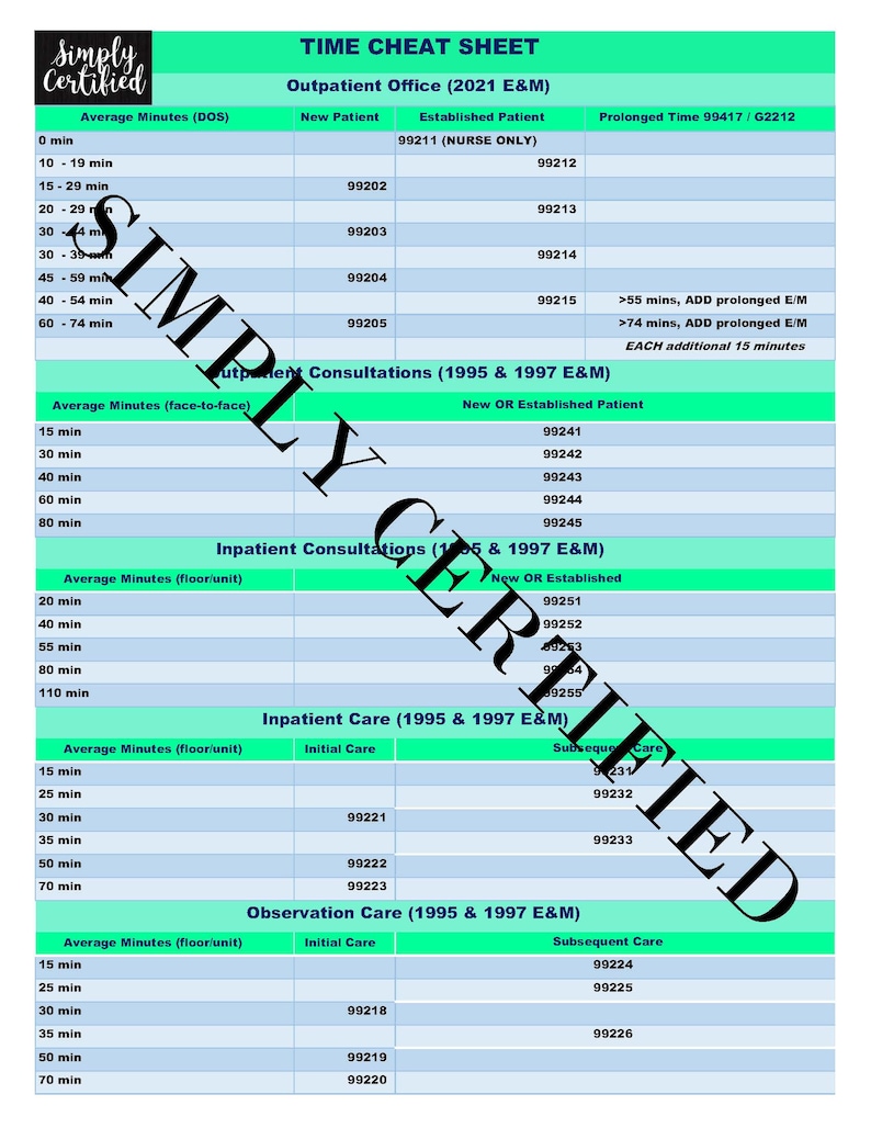 95, 97 and 21 E&M Time-based Coding Cheat Sheet in PEACOCK GREEN/AQUA ...