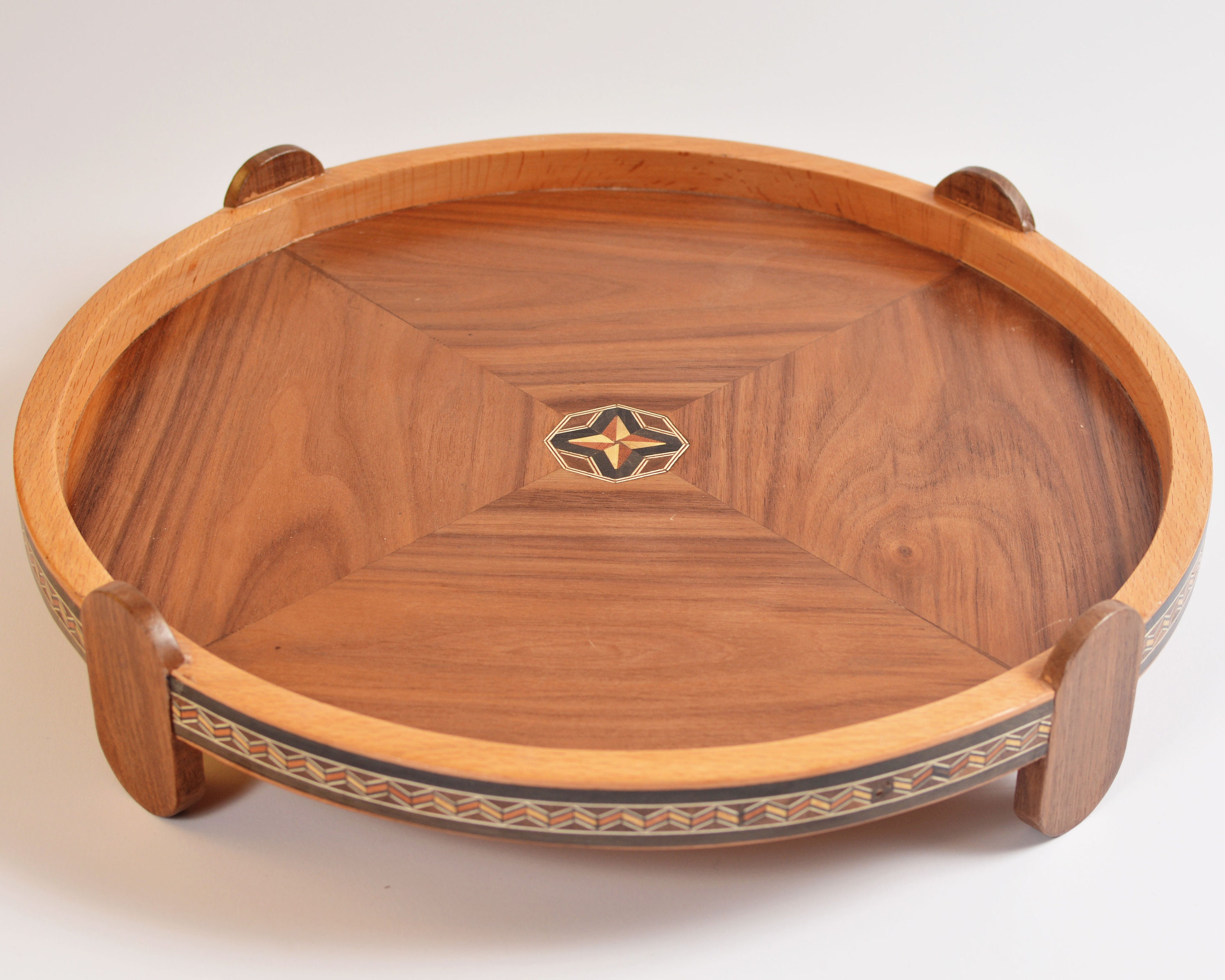 Handmade Wooden Tray, Round Carved Tray Inlaid With Pearl, Geometric ...