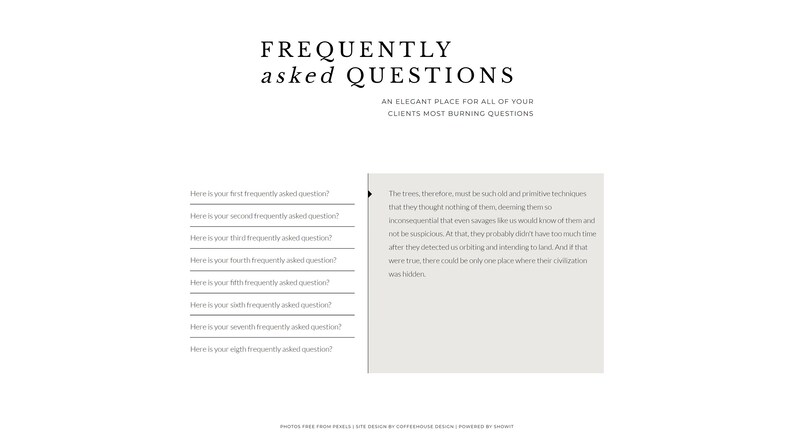 FAQ Template for Showit Website- Table Style, Add-on, Frequently Asked ...