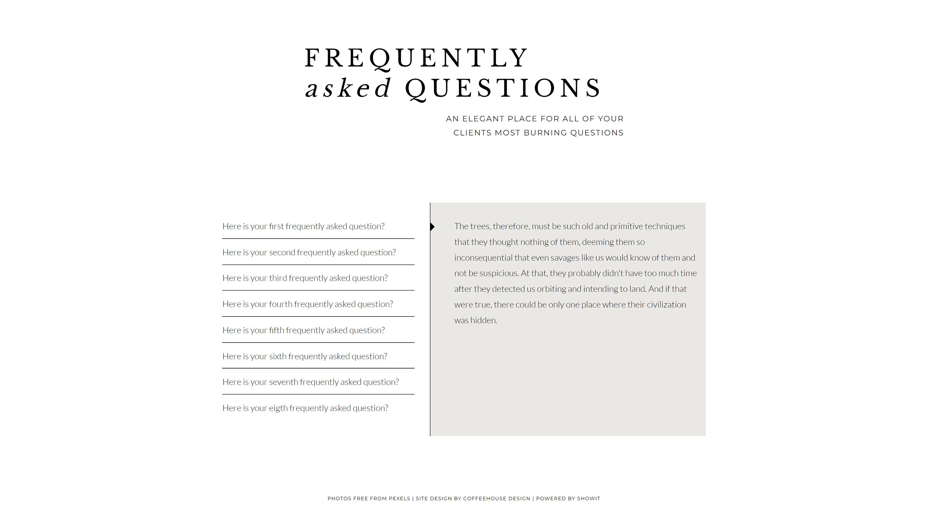 FAQ Template for Showit Website- Table Style, Add-on, Frequently Asked ...