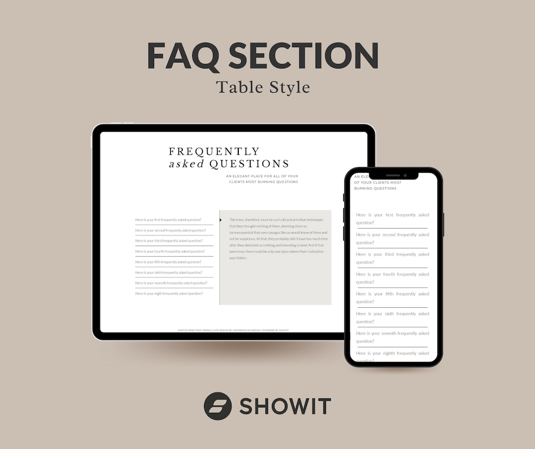 FAQ Template for Showit Website- Table Style, Add-on, Frequently Asked ...