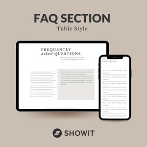 FAQ Template for Showit Website- Table Style, Add-on, Frequently Asked ...