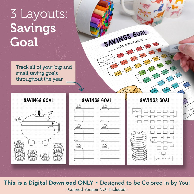 Savings Goal Trackers • Big and Small Savings • BUJO Layouts • Digital ...