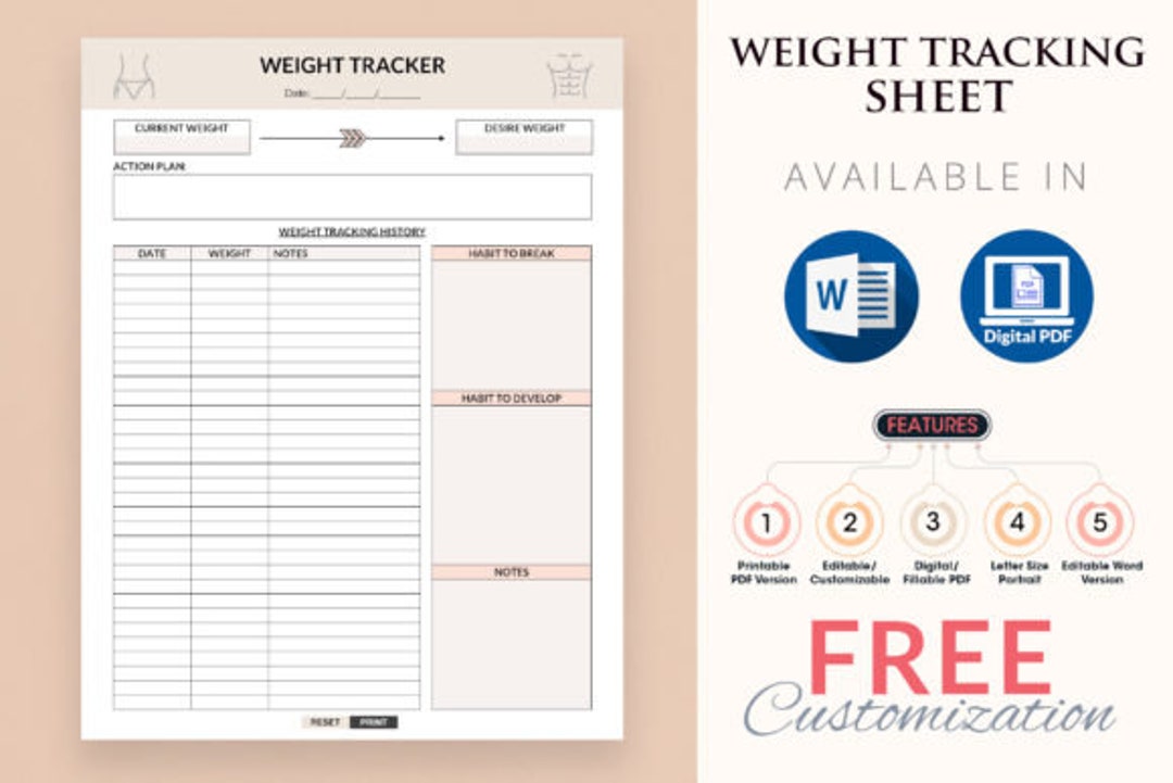 Weight Tracker Planner Sheet, Printable Weight Loss Tracker, Weight ...