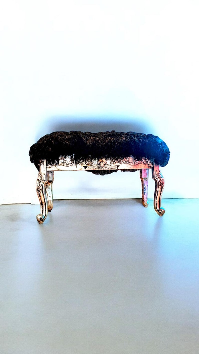 Handmade Gothic Punk Bench: Black Mongolian Fur & Skull Art - Etsy