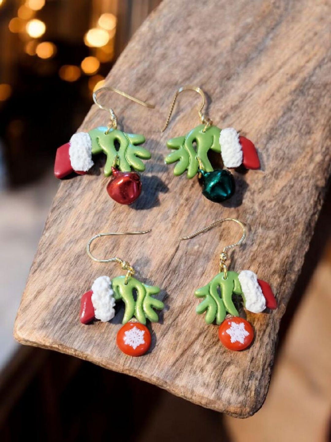 Grinch Hand Ornament Earrings, Lightweight and Handmade Polymer Clay ...