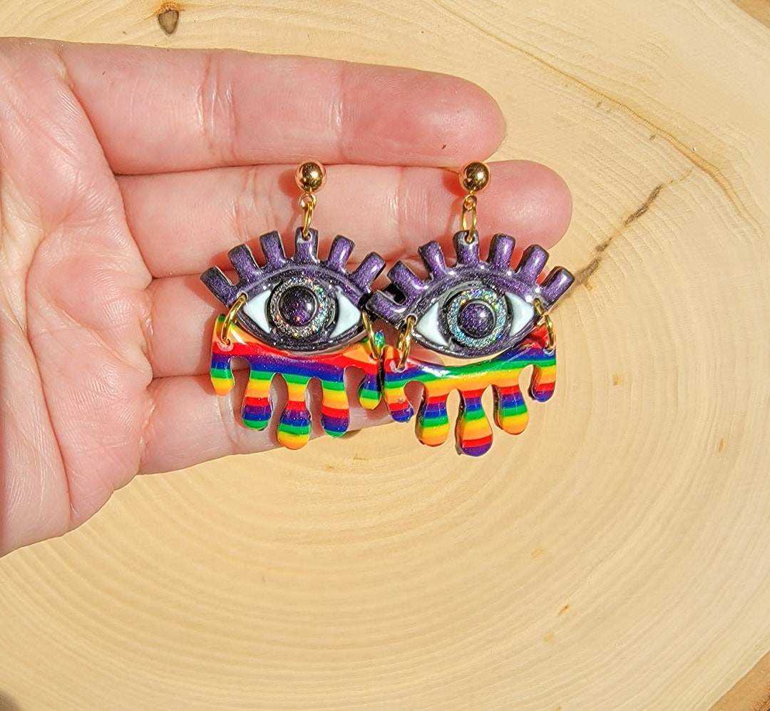 Cleo in Rainbow Eye Earrings | Rainbow Drip Eye Earring | Drippy Evil ...