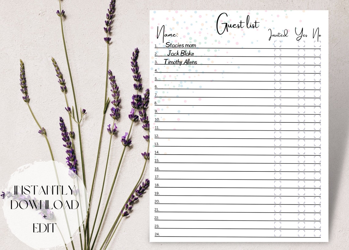 Guest List Tracker Rsvp List Birthday Party Guest List Party Guests ...