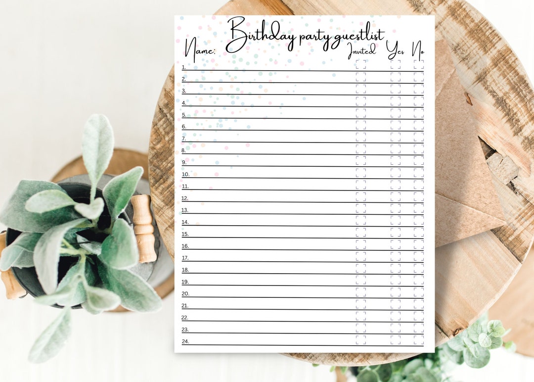 Guest List Tracker Rsvp List Birthday Party Guest List Party Guests ...