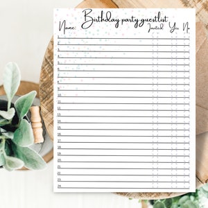 Guest List Tracker Rsvp List Birthday Party Guest List Party Guests ...