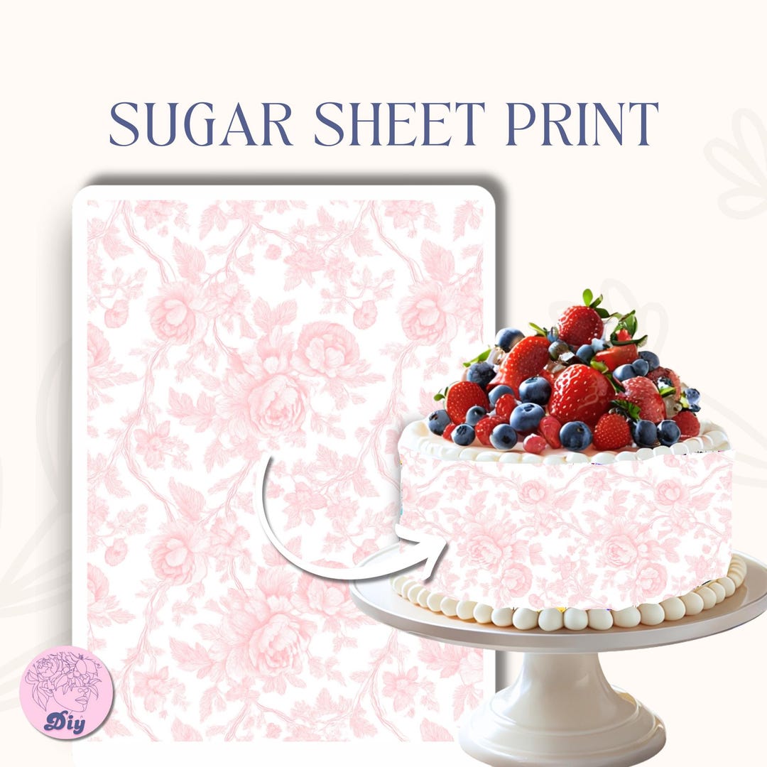 Pink Floral Print Sugar Sheet – Pink Toile Fabric Theme Edible Image ...