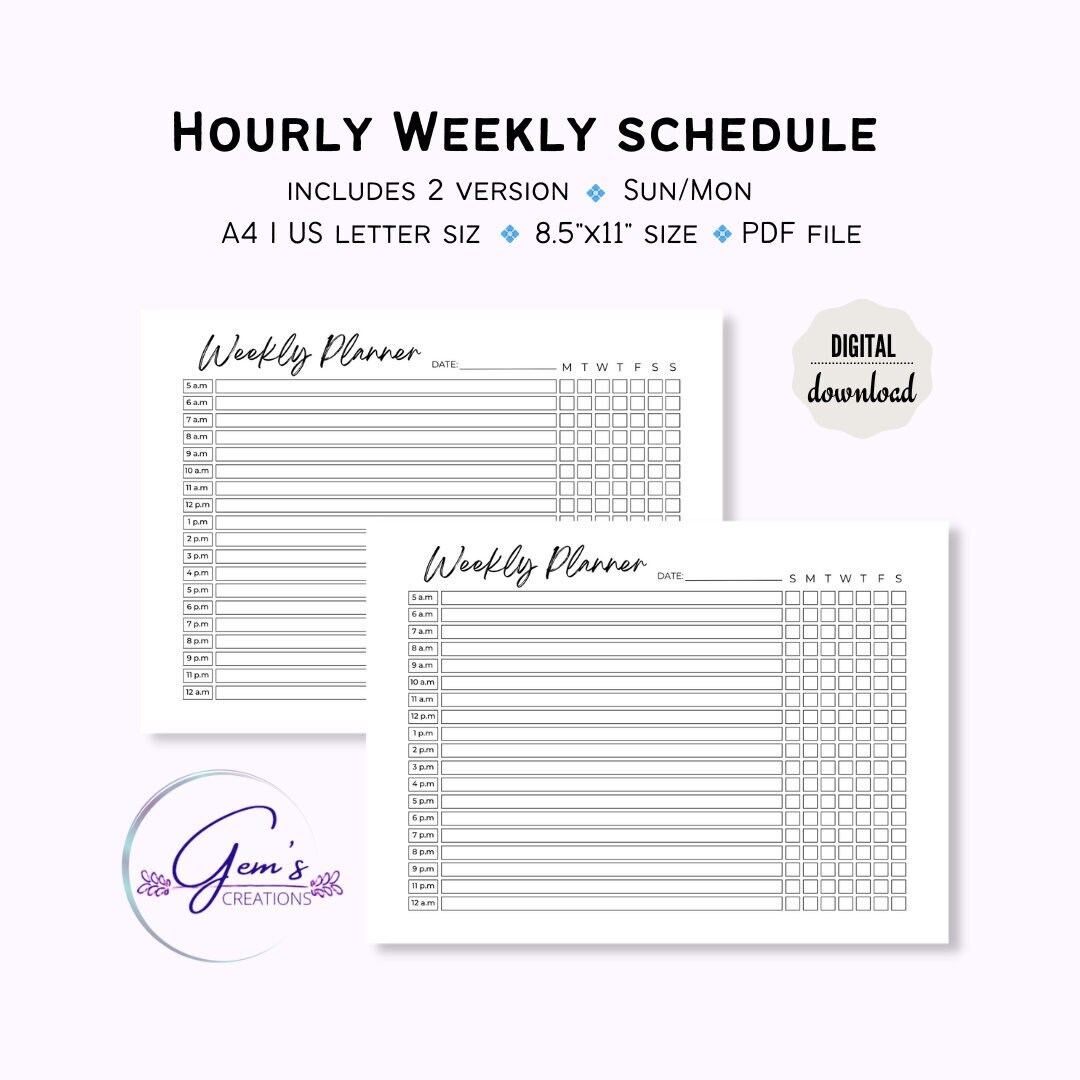 Hourly Weekly Schedule, Weekly Planner Printable, Weekly Agenda, Desk ...