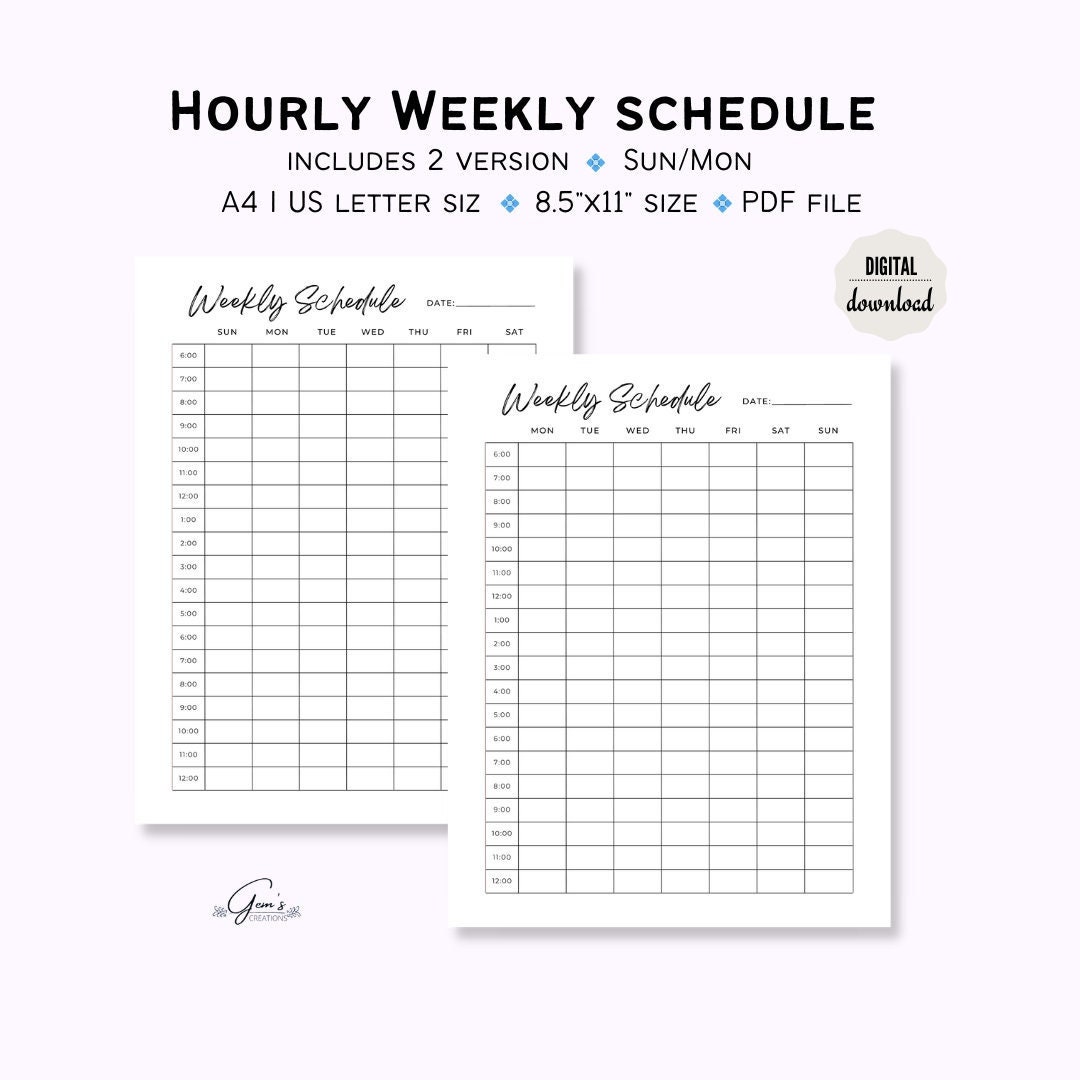 Hourly Weekly Schedule, Weekly Planner Printable, Weekly Agenda, Desk ...