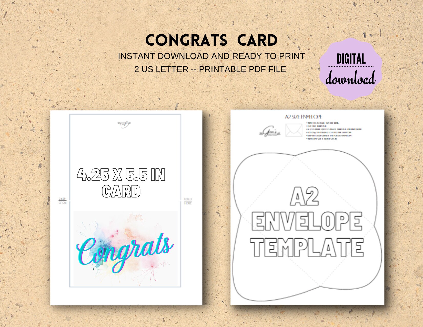 Printable Congratulations Card With Envelope, Digital Instant Download ...