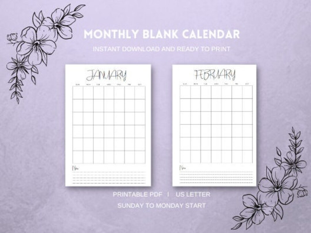 Monthly Blank Calendar, 8.5X11 Inches, Vertical Printable Calendar ...