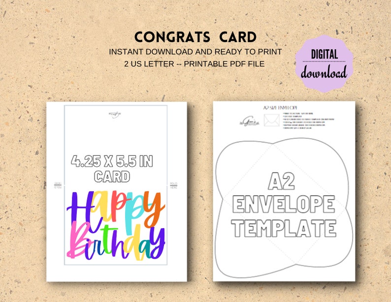 Printable Happy Birthday Card With Envelope, Digital Instant Download ...