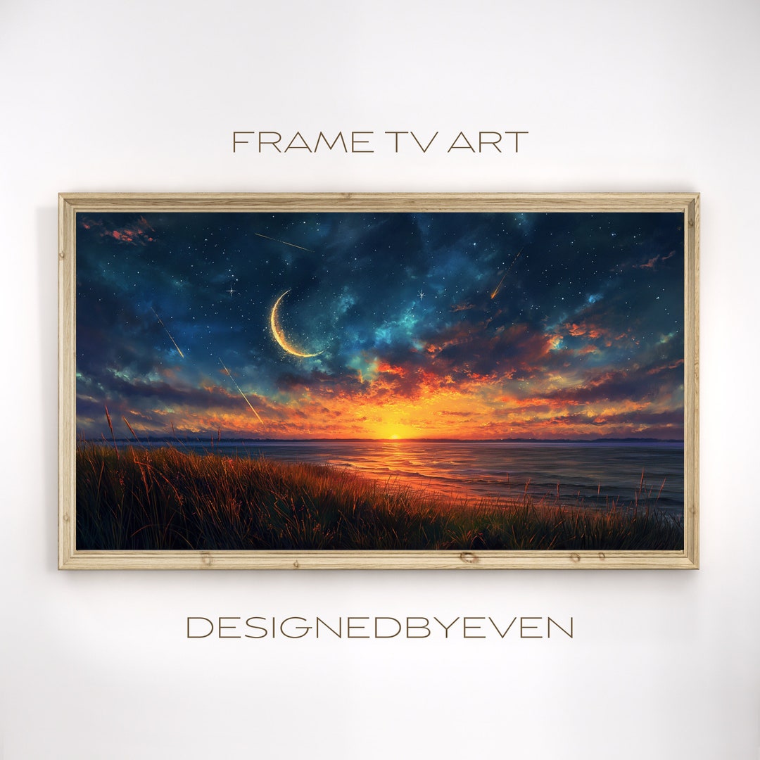 Crescent Moon Night Sky Frame TV Art: Sunset Seascape (digital Download ...