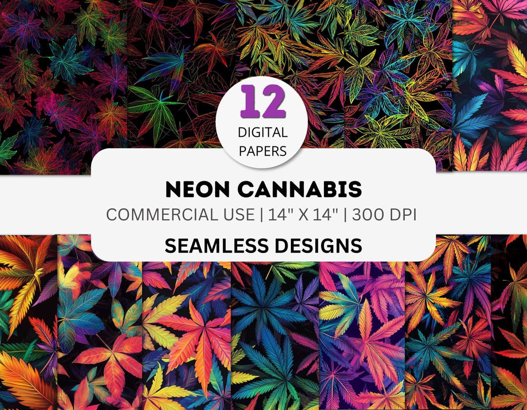 Neon Cannabis Digital Paper, Seamless Psychedelic Marijuana Leaf ...