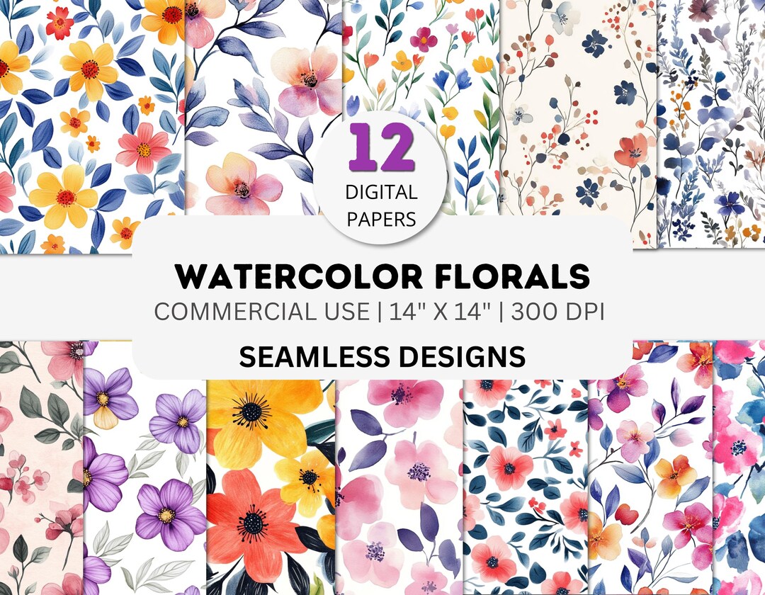 Watercolor Floral Digital Paper, Seamless Spring Flowers Patterns, Soft Pink Botanical ...