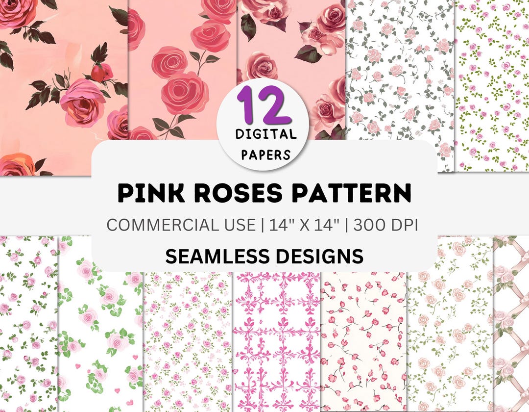 Pink Rose Digital Paper, Seamless Floral Patterns, 12 JPG, 4K, 300 DPI ...