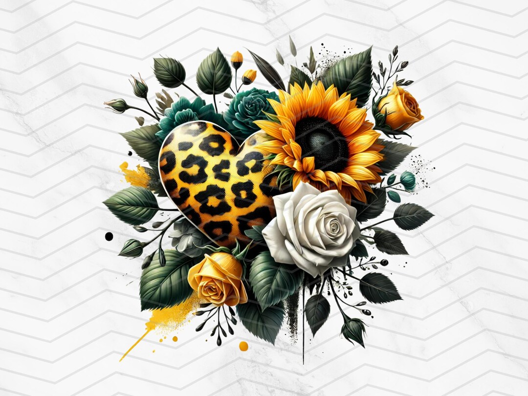 Leopard Heart With Sunflower & Roses SVG PNG Floral Wild Print Design ...