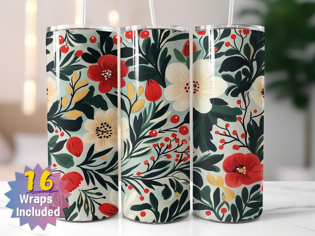 Floral Christmas Tumbler Wrap | Sublimation PNG | Festive Red and White ...