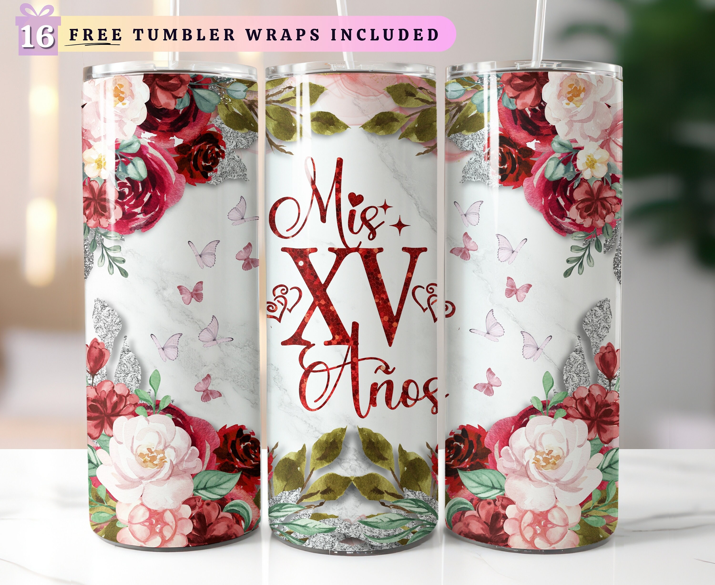 Red Mis Quince Anos 20oz Tumbler Wrap, Quinceanera Skinny Tumbler PNG ...