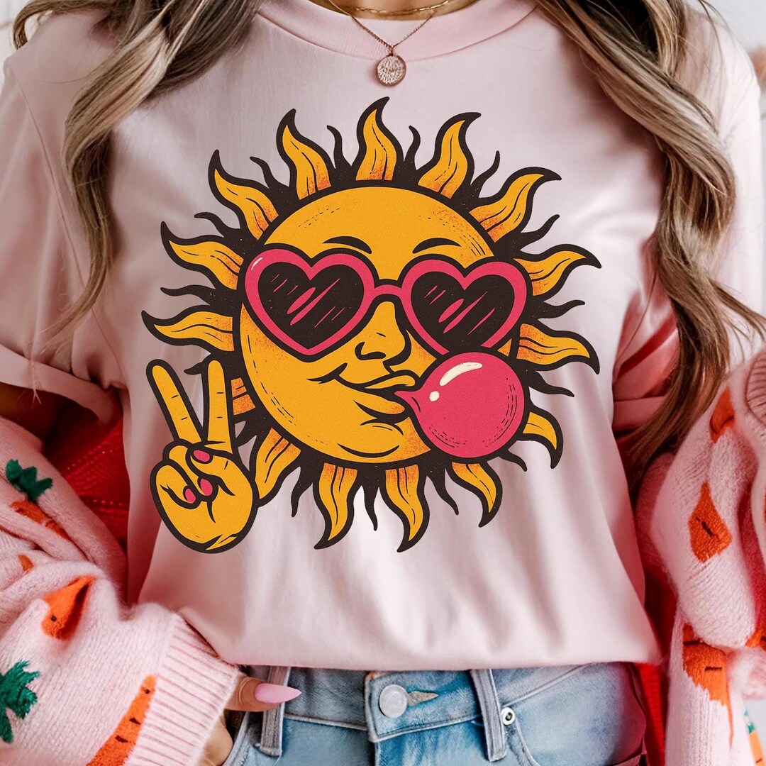 Retro Cool Sun PNG – Bubblegum Blowing Sun With Heart Glasses and Peace ...