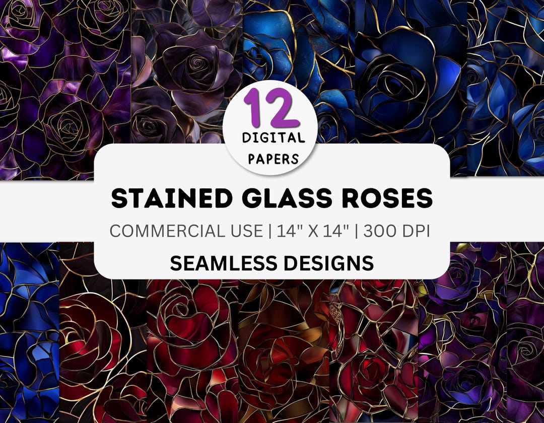 Stained Glass Rose Digital Paper, Seamless Floral Patterns, 12 JPG, 4K ...