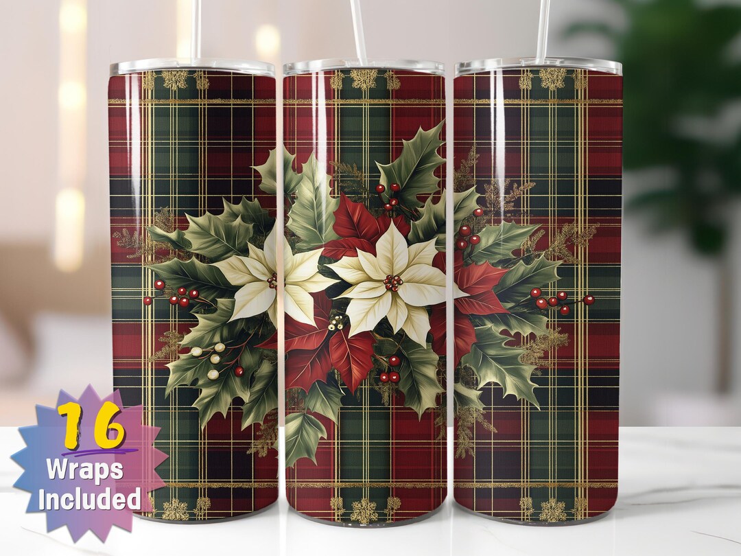 Christmas Plaid Poinsettia Tumbler Wrap | Sublimation PNG | Straight ...