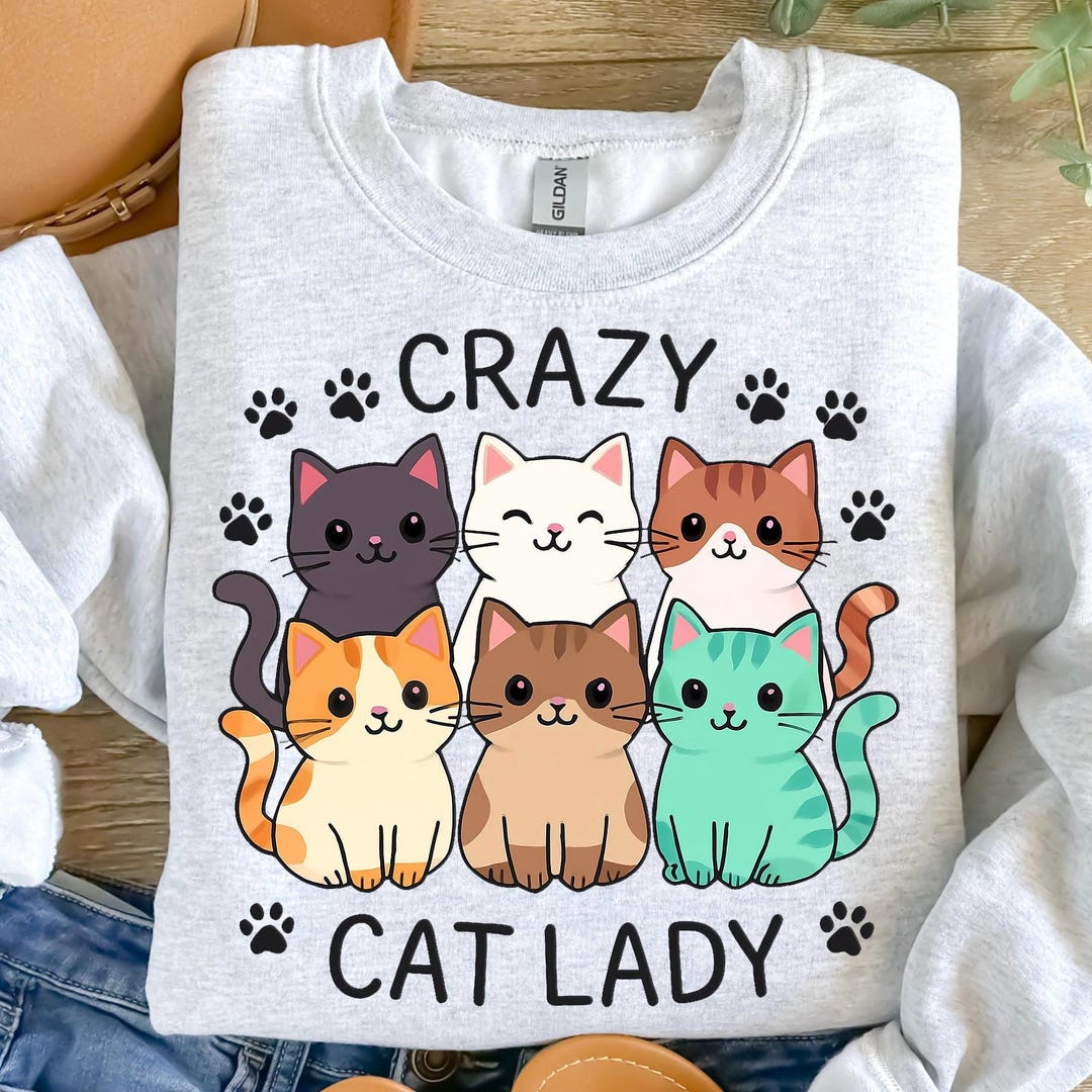 Crazy Cat Lady PNG With Cute Cartoon Cats and Paw Prints for ...