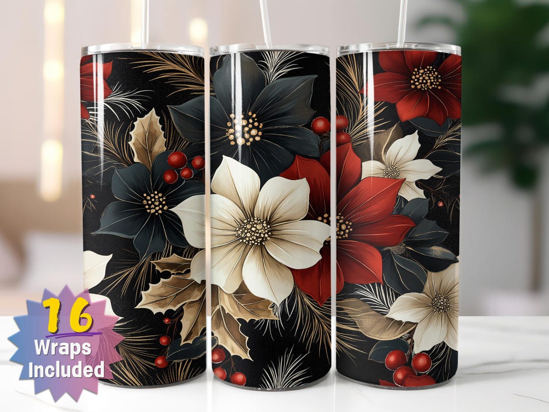 Vintage Christmas Poinsettia Tumbler Wrap | Sublimation PNG | Straight ...
