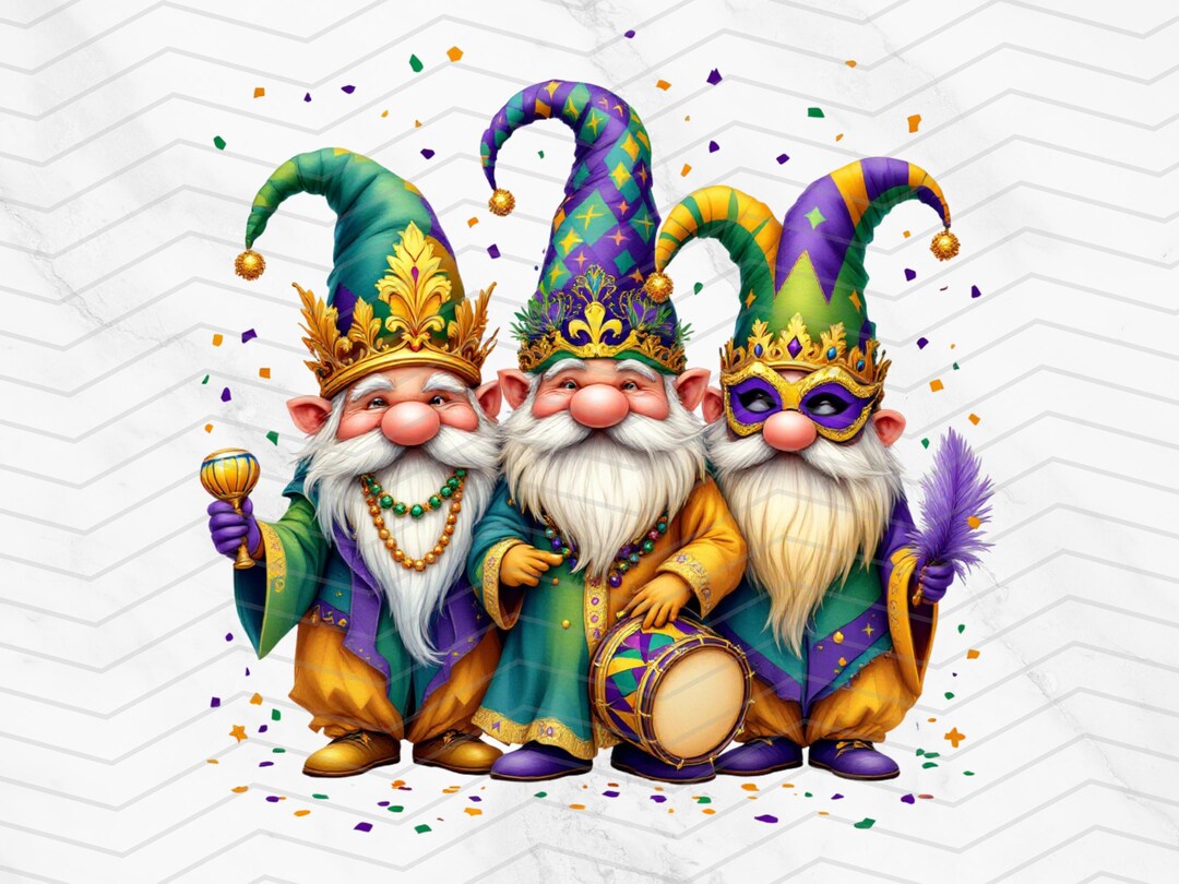 Mardi Gras Gnomes PNG | Festive Trio With Crowns and Beads Png ...