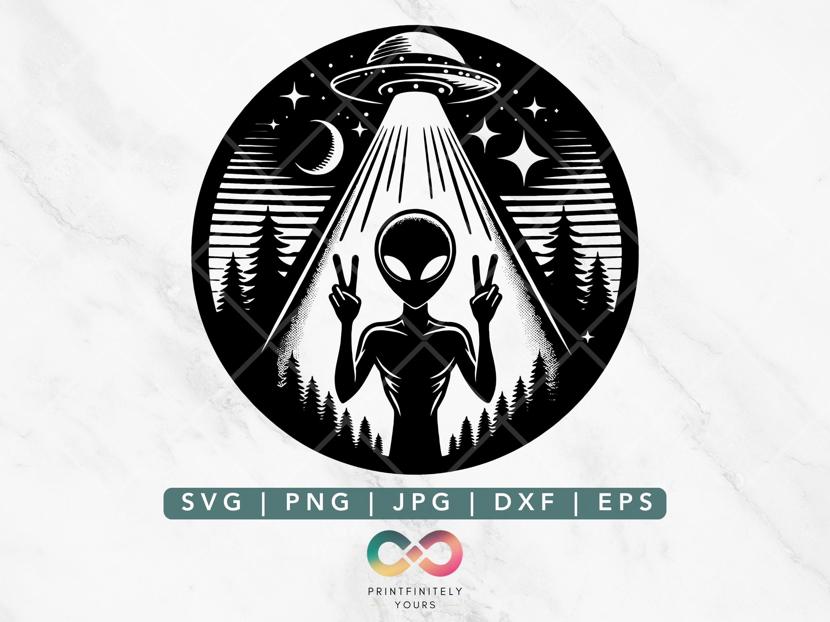 Alien UFO Peace Sign Sci-fi Forest Night Sky Retro Extraterrestrial ...