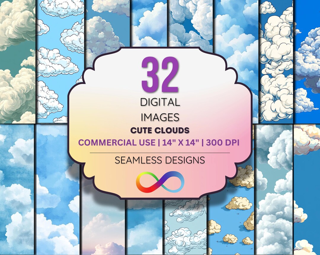 Cute Cloud Digital Paper – Sky Backgrounds, Fluffy Cartoon Clouds ...