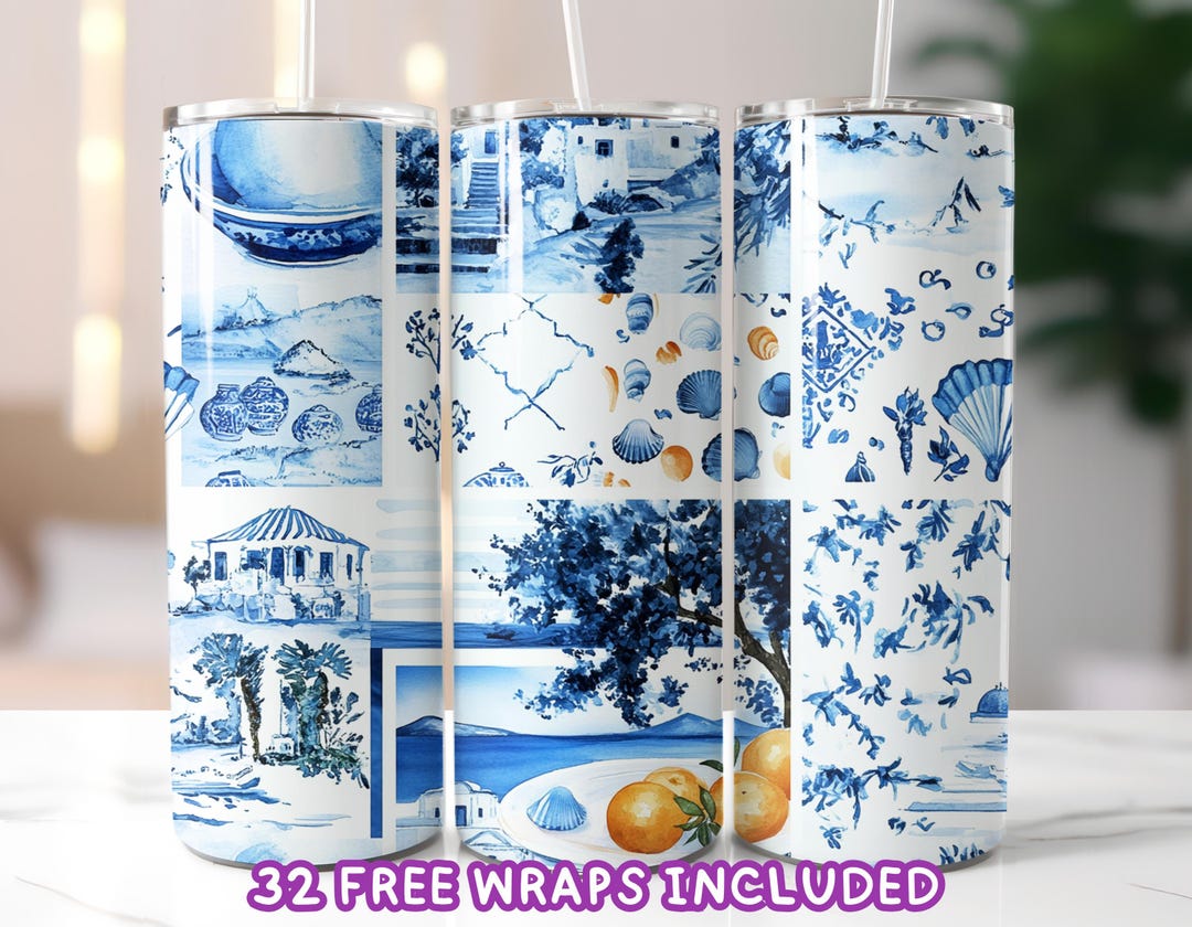 Greek Blue Tumbler Wrap PNG, Mediterranean Coastal Tumbler Sublimation ...