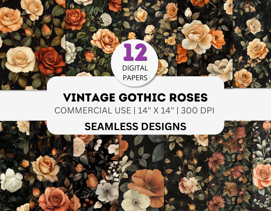 Vintage Gothic Rose Digital Paper, Seamless Dark Floral Patterns ...