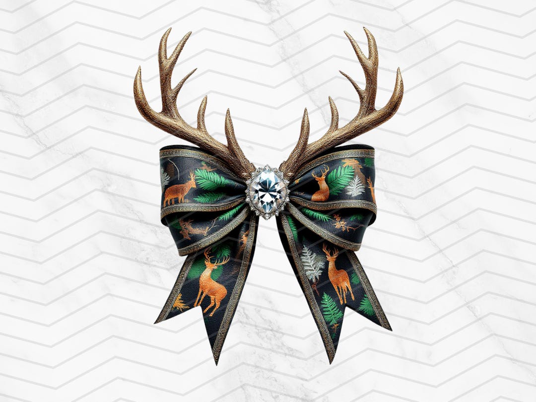 Rustic Deer Antler Bow PNG | Elegant Forest Ribbon With Crystal Gem ...