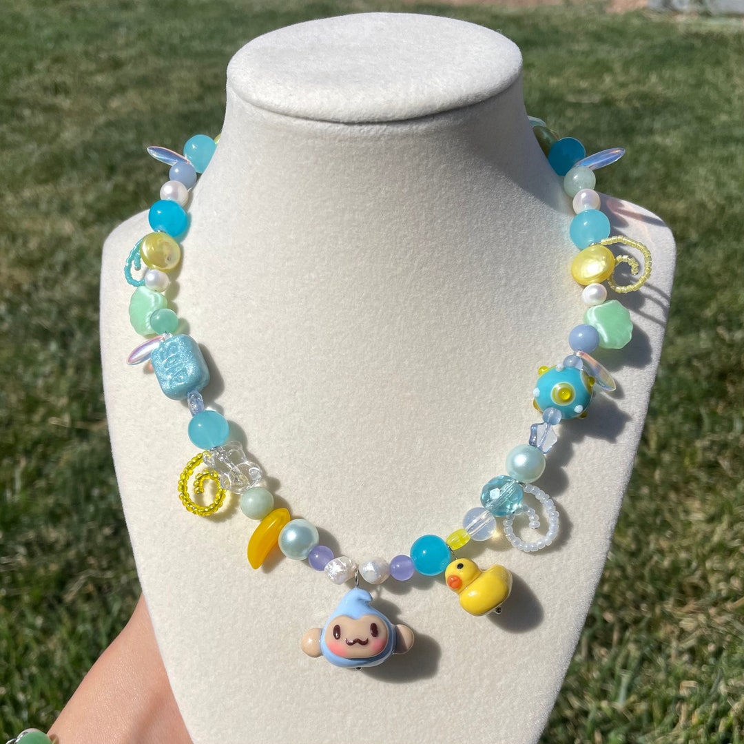 Bath Time Monkey Necklace Handmade Beaded Necklace, Polymer Clay Blue ...