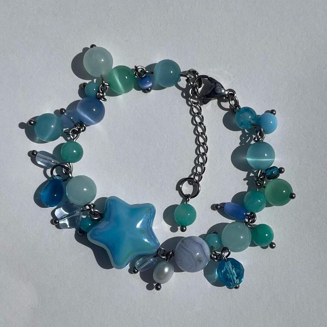 Blue Star Bracelet - Glass, Acrylic, & Gemstone Beads, Stainless Steel ...